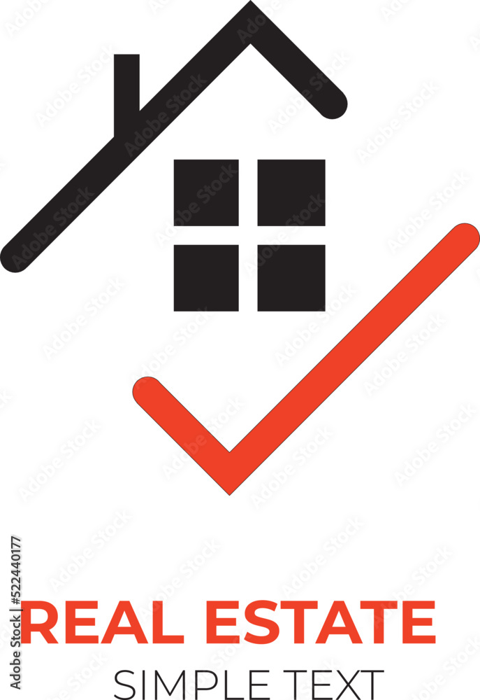 Home and check mark logo - house roof with chimney and window and red ...