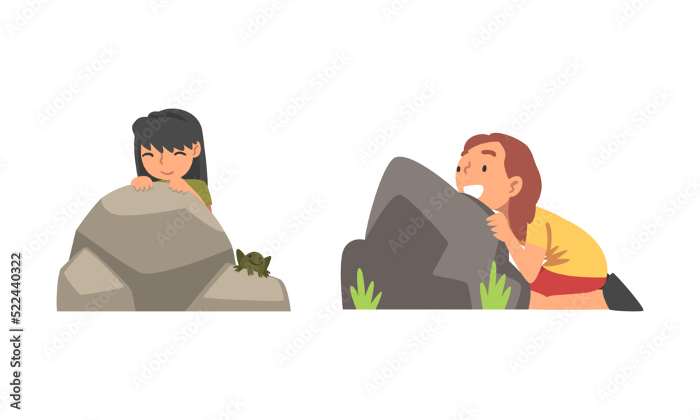 Kids playing hide and seek set. Cute girls hiding behind stones cartoon ...