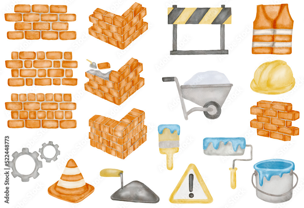 Watercolor painting set of construction items brick wall bond type ...
