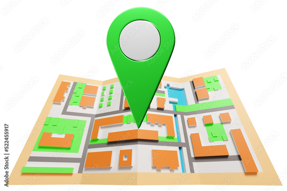 City map. Brochure with location. Paper map with city streets. Geotag ...