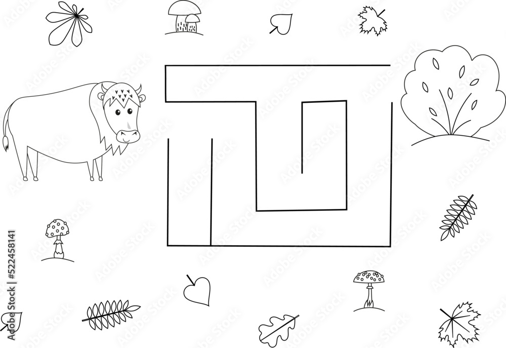 Cute maze for children. Help bison to find bush. Kids learning games ...
