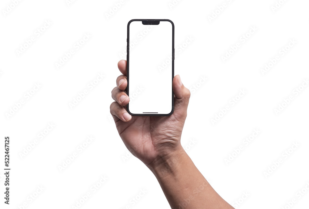 iPhone mockup on Hand holding the PNG of smartphone iphone14 with blank ...