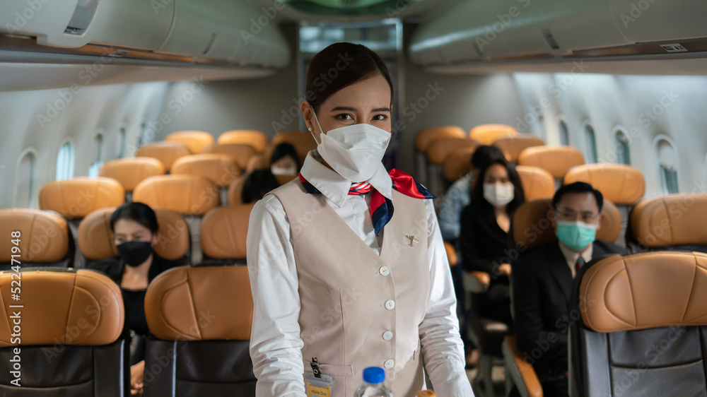 Female flight attendants in the cabin of the plane prepare lunch and ...