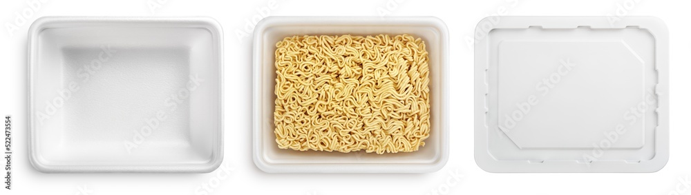 Set of empty white plastic plate or styrofoam food container and with ...