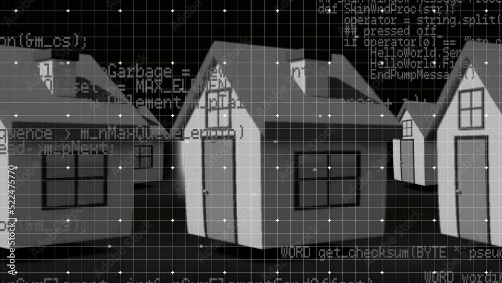 Animation of house models zooming with light beams on grid digital ...
