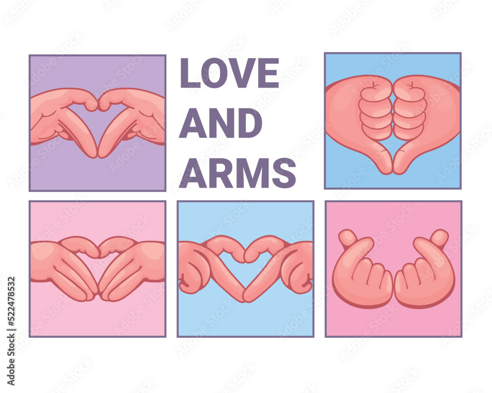 Vector illustration of hands that show different symbols of love on the ...
