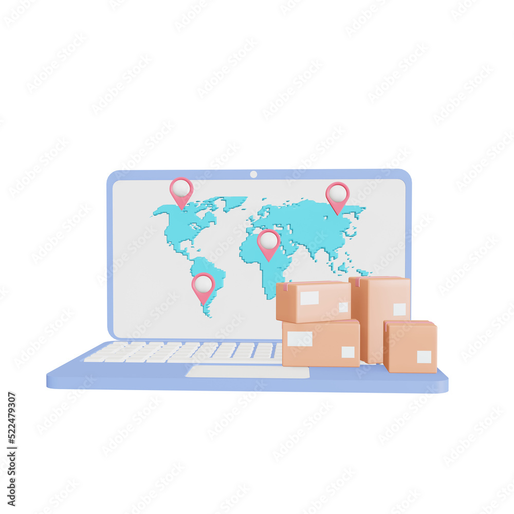 icon Laptop with the world map cardboard box with an app for online ...