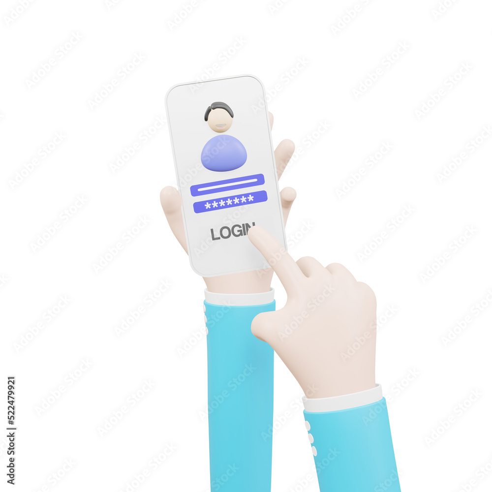 Cartoon hand, login, and face scan to an online account on a smartphone ...