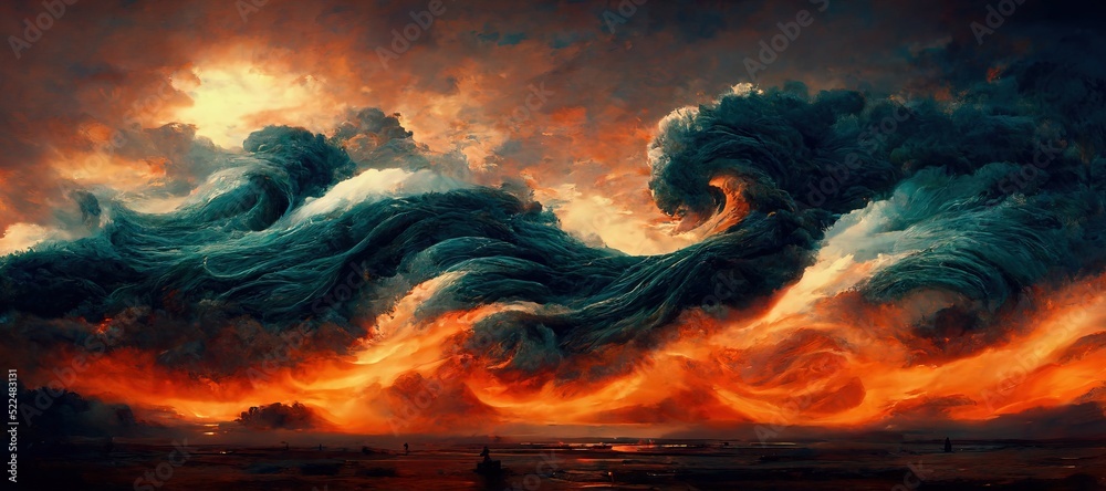 ภาพประกอบสต็อก Dramatic fiery Armageddon seascape, impossibly turbulent ...