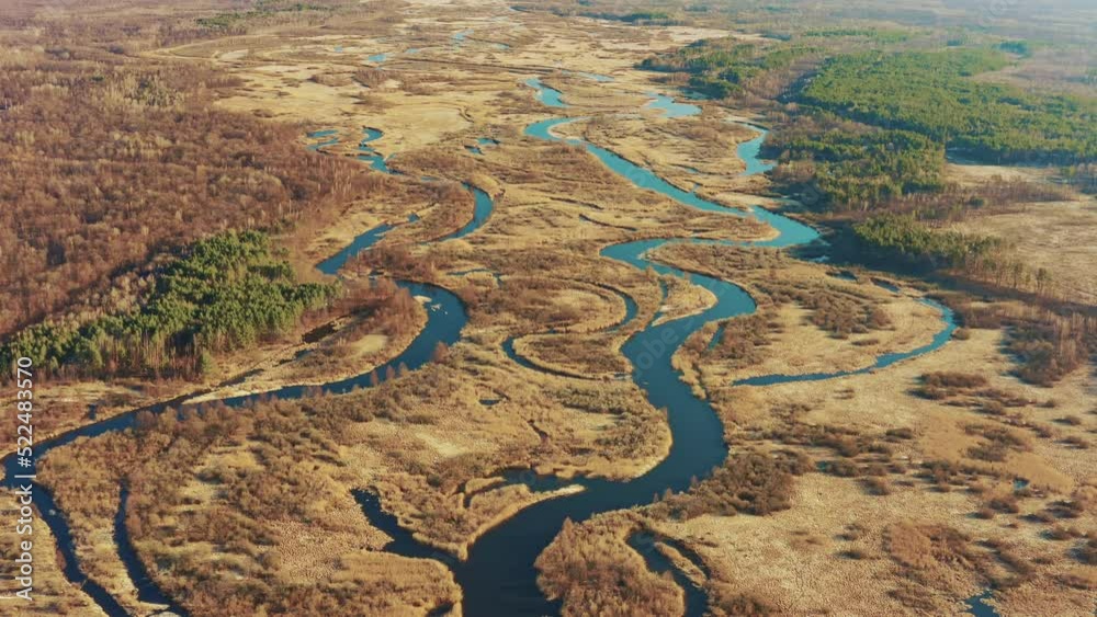 Aerial View Curved River In Early Spring Landscape. River bends and dry ...