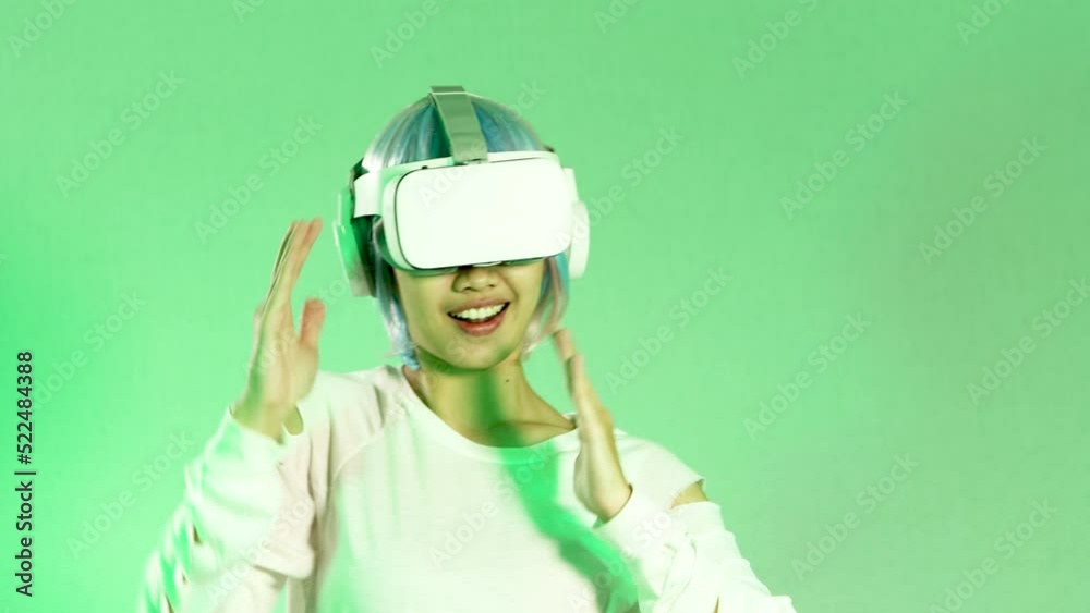 Metaverse concept, young asian woman short blue silver hair wearing ...