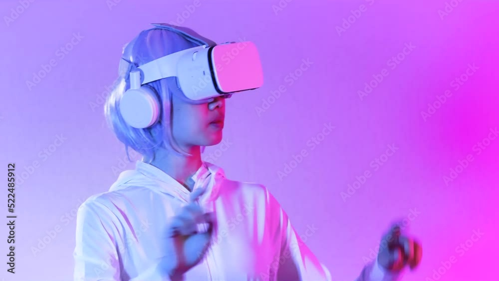 Video Stock Metaverse concept, young asian woman short blue silver hair ...