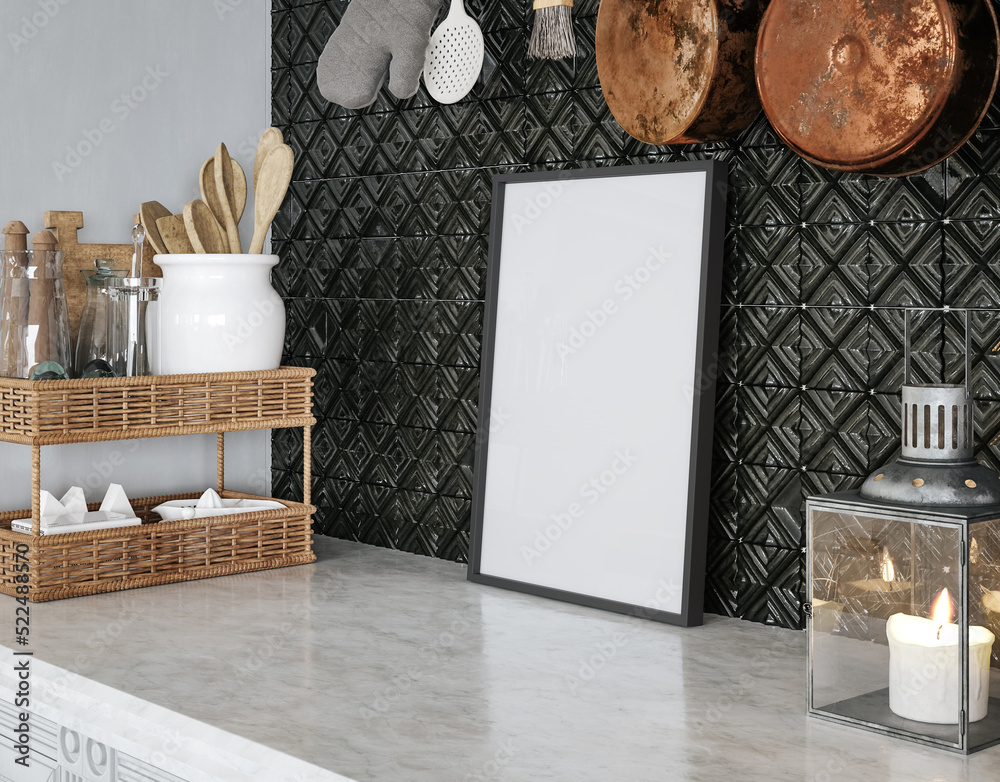 Mock up poster frame in kitchen, Farmhouse style interior background ...
