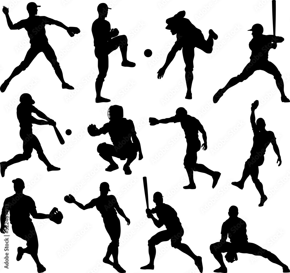 Baseball player detailed silhouettes sports set in lots of different ...