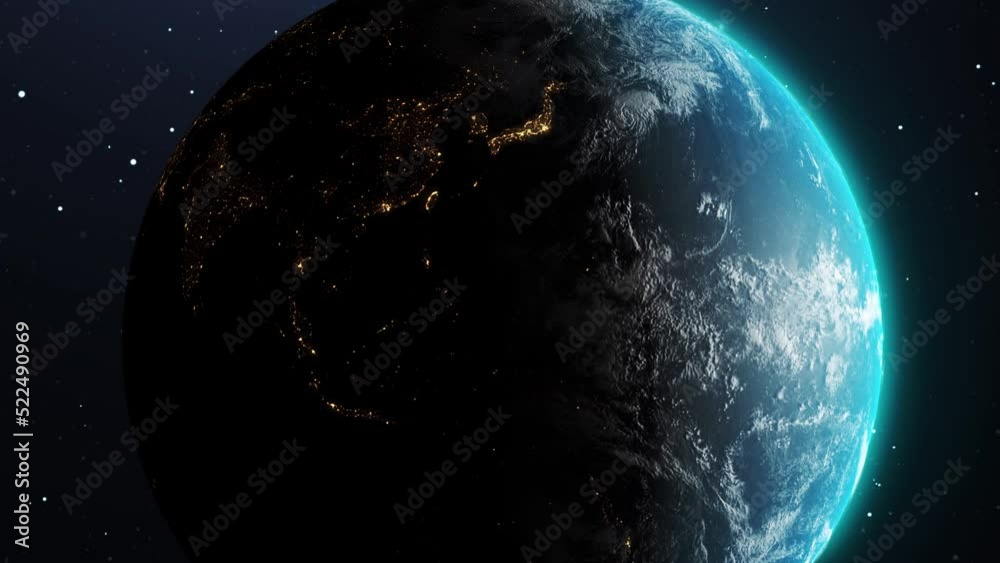 3D Earth realistic animation. Planet rotation, light move, view from ...