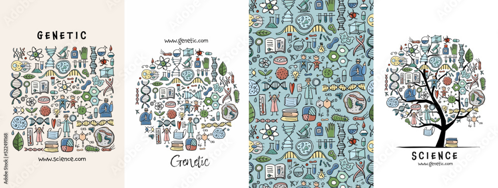 Genetic, Biology, medicine - concept arts collection. Frame, pattern ...