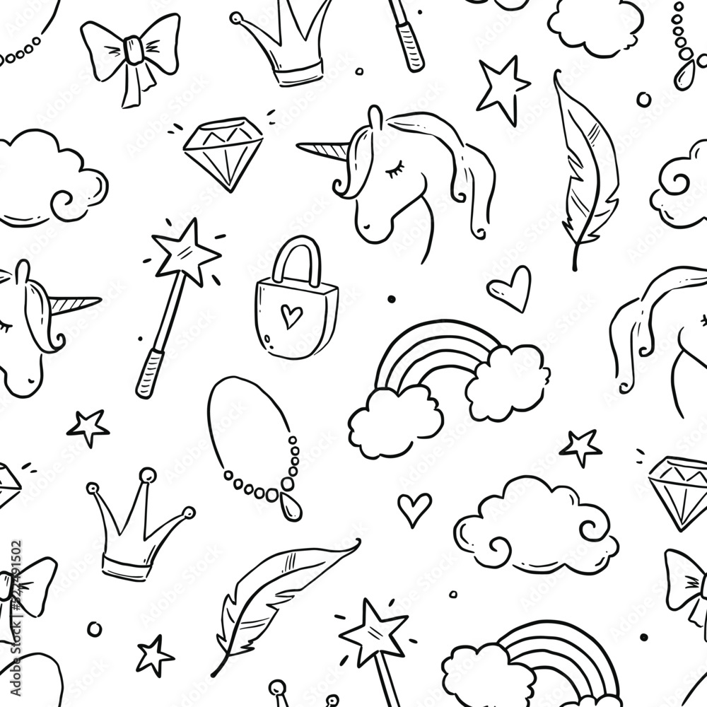 Hand drawn princess doodle seamless pattern. Beauty pattern with cute ...