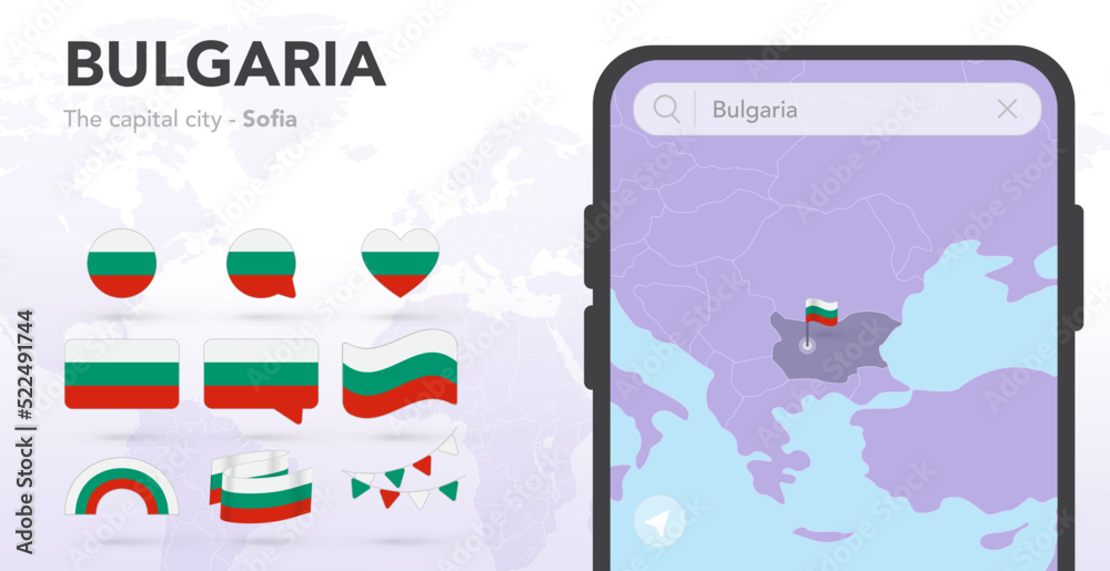 Bulgaria flags set. Mobile map application, Smartphone search. Map and ...