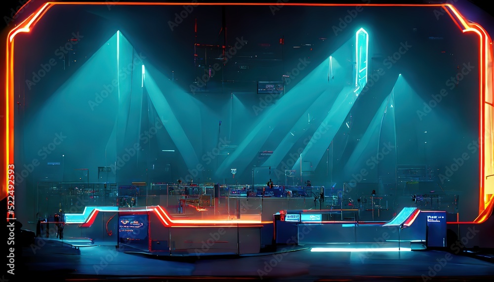 A studio for holding esports championships in neon blue. Podium for ...