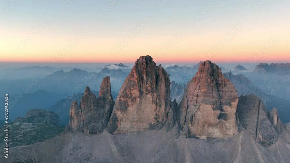 View from above, stunning aerial view of the Three Peaks of Lavaredo ...