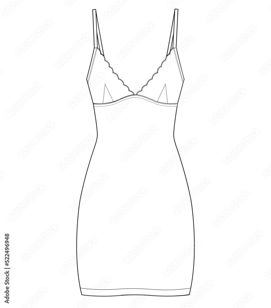 Slip Dress Fashion Flat Sketch Vector Drawing Cad Mockup Stock Vector