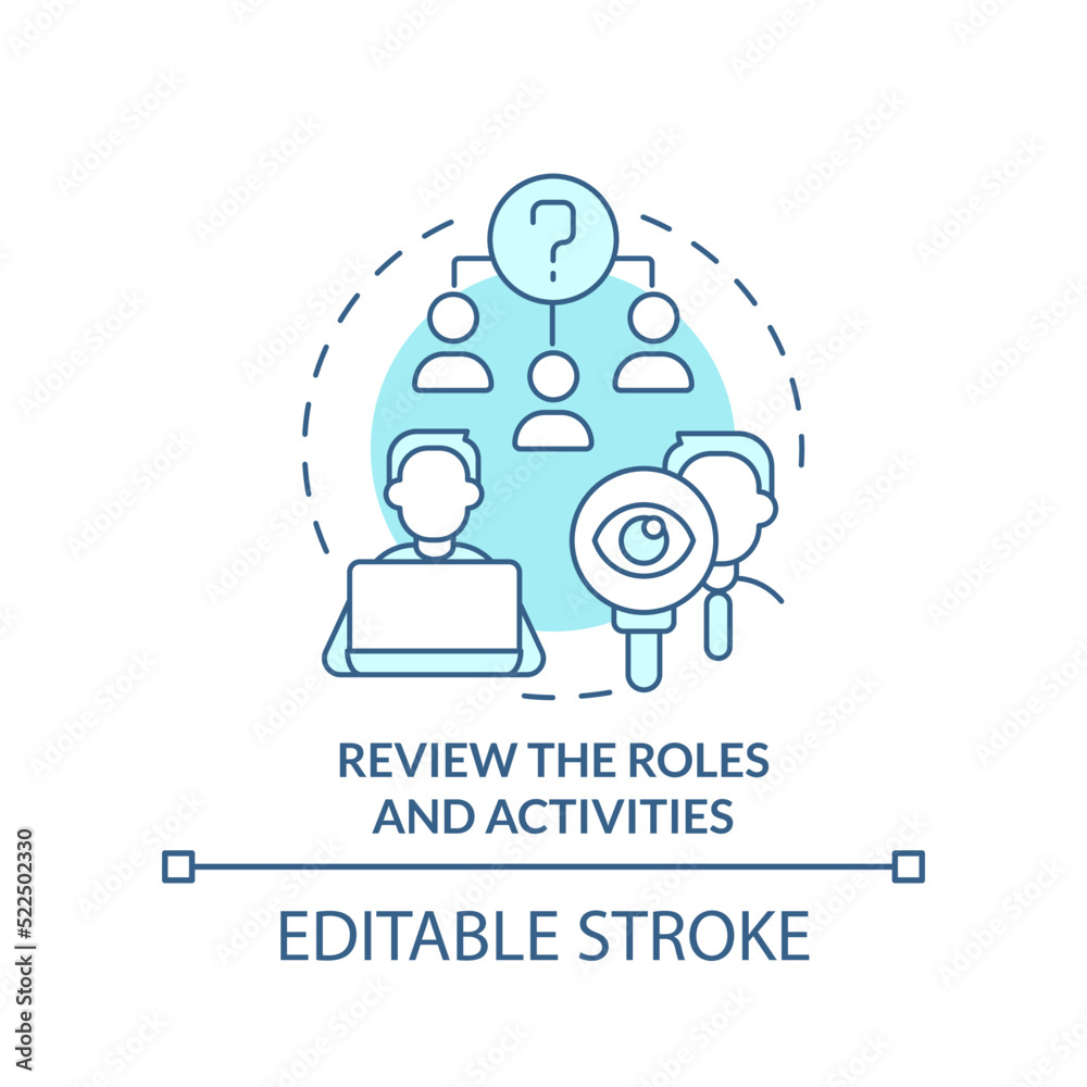 Review roles and activities turquoise concept icon. Step to ...