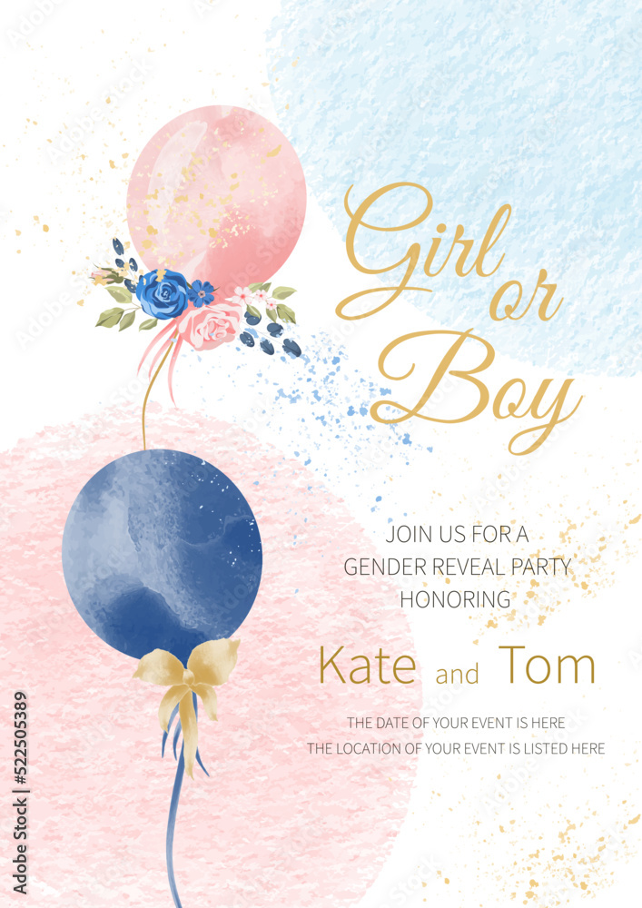 Gender reveal party invitation. boy or girl. watercolor pink and blue ...
