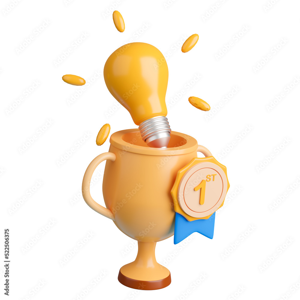 3d rendering trophy with prize badge and light bulb. Concept success ...
