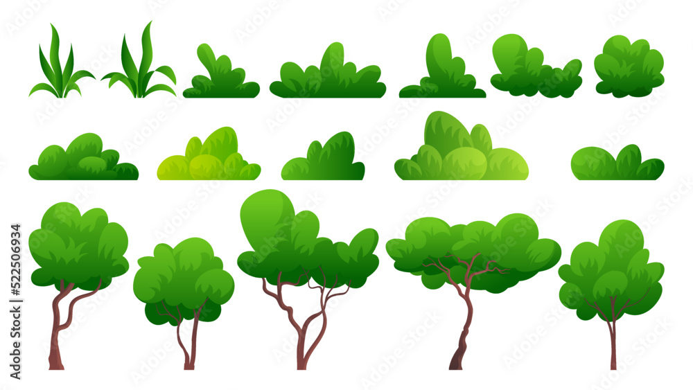 Trees, bush and grass elements collections with flat design Stock ...