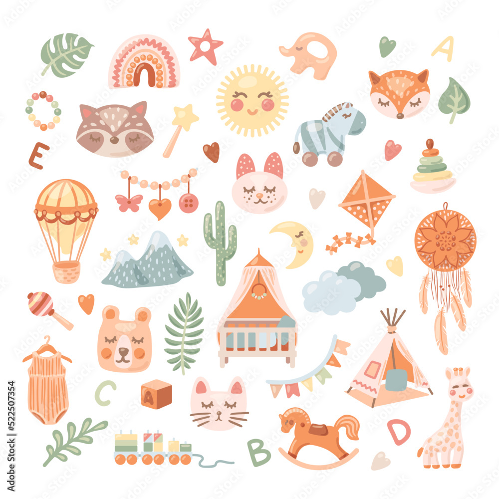Nursery decorations in Boho style vector illustrations set. Collection ...