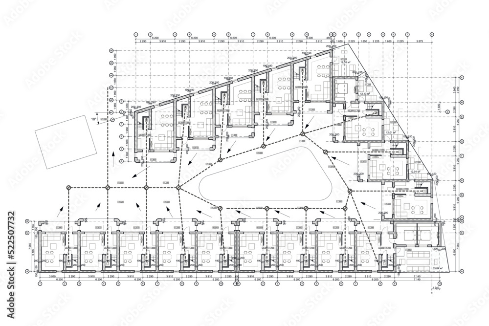 Multistory building detailed architectural technical drawing, vector ...