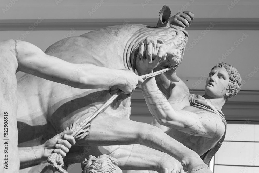 Black and white photo showing in close-up part of ancient roman ...