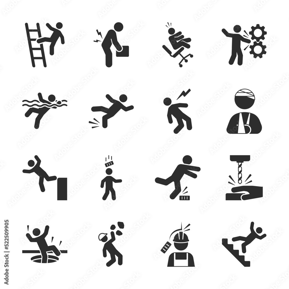 Injuries at work icons set. Warning. Accident, fall and impact ...