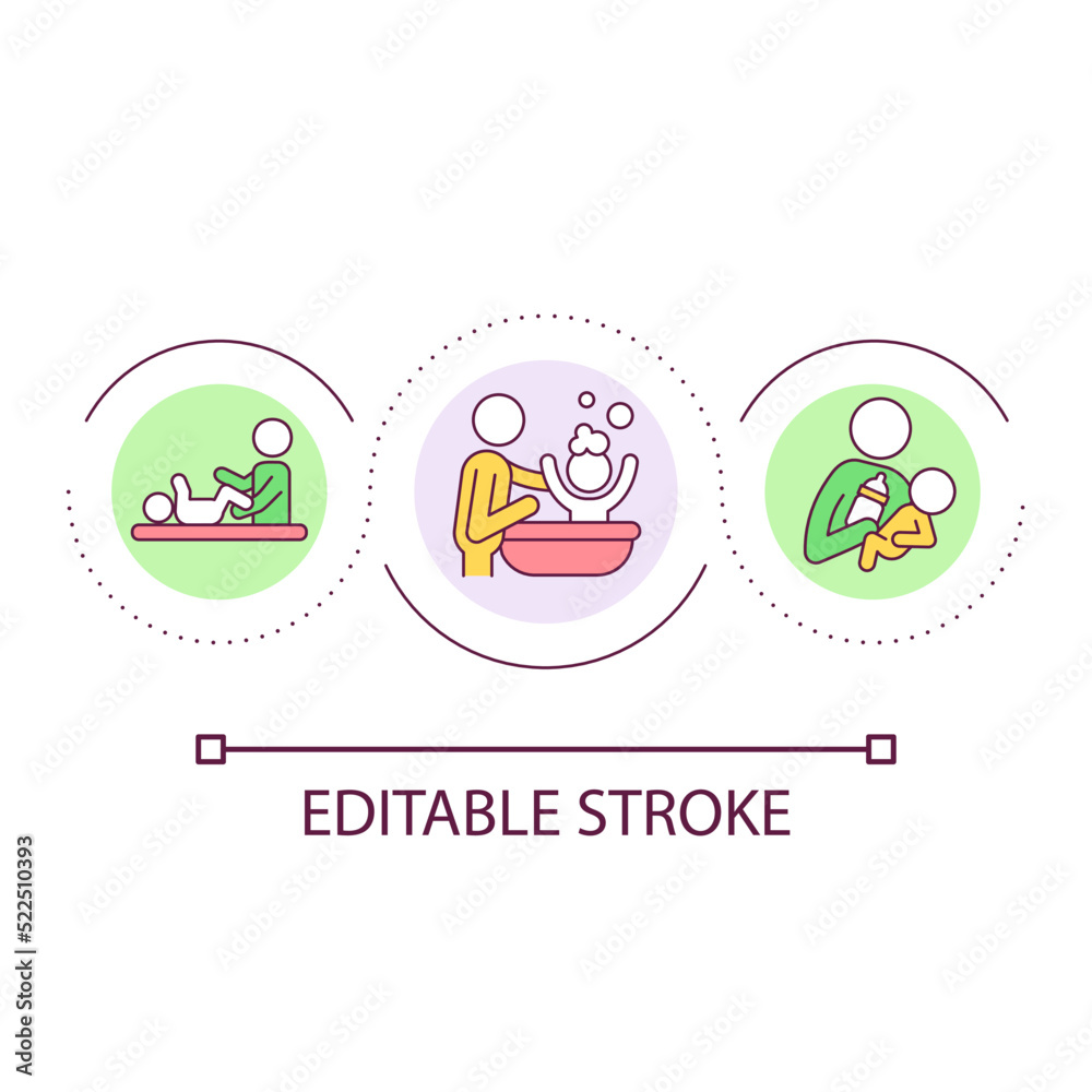 Taking care of newborn baby loop concept icon. First time parent tips ...