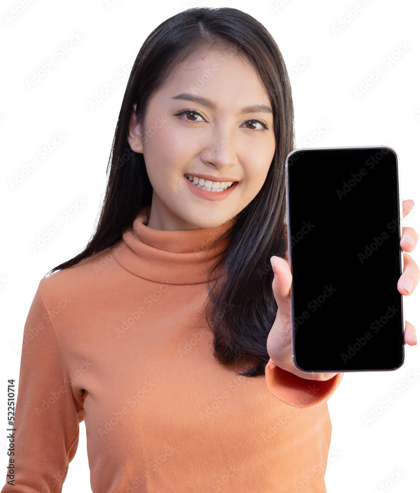 Asian Woman Show Mobile Phone Screen with Blank Copy Space on ...