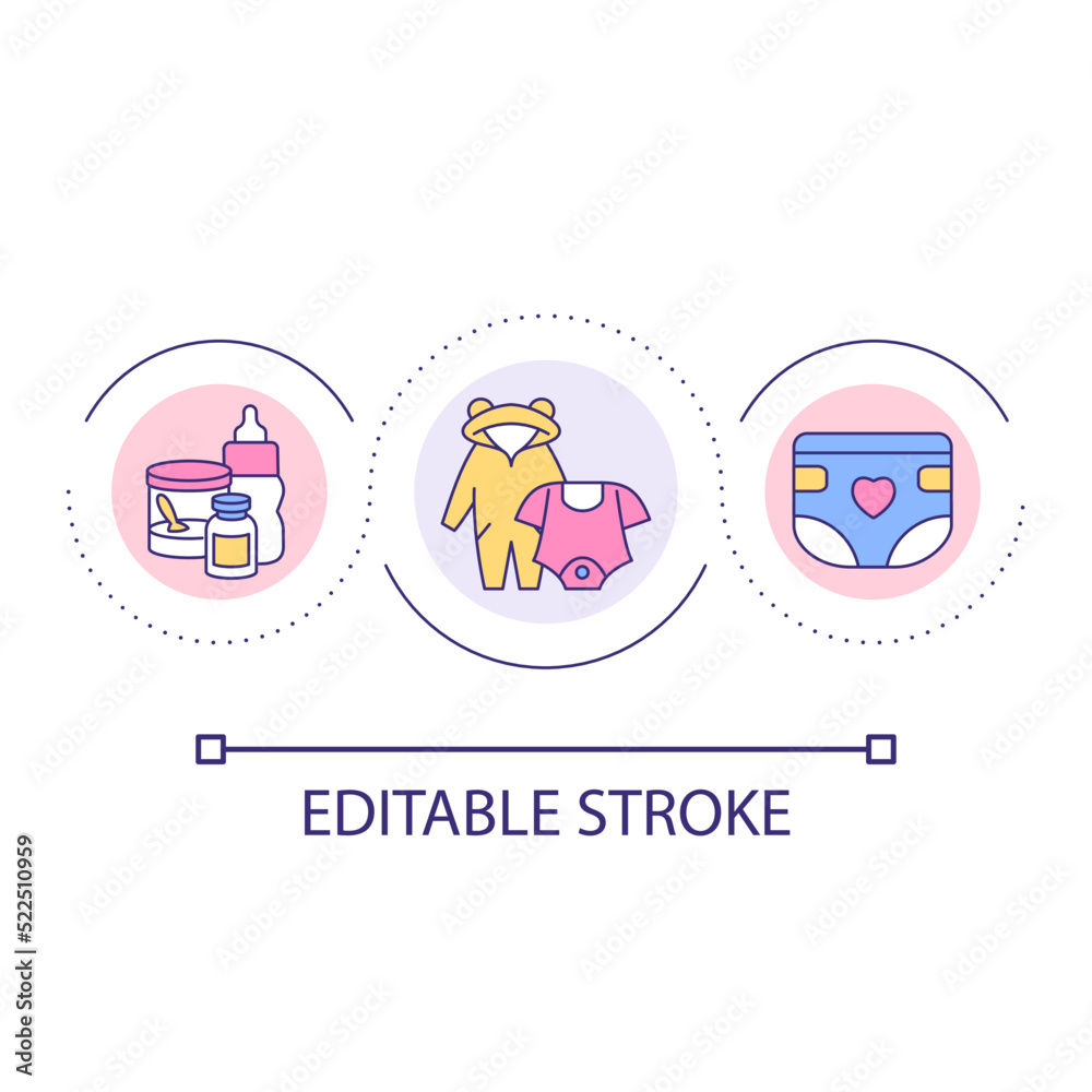 Purchasing baby essentials loop concept icon. Newborn checklist ...