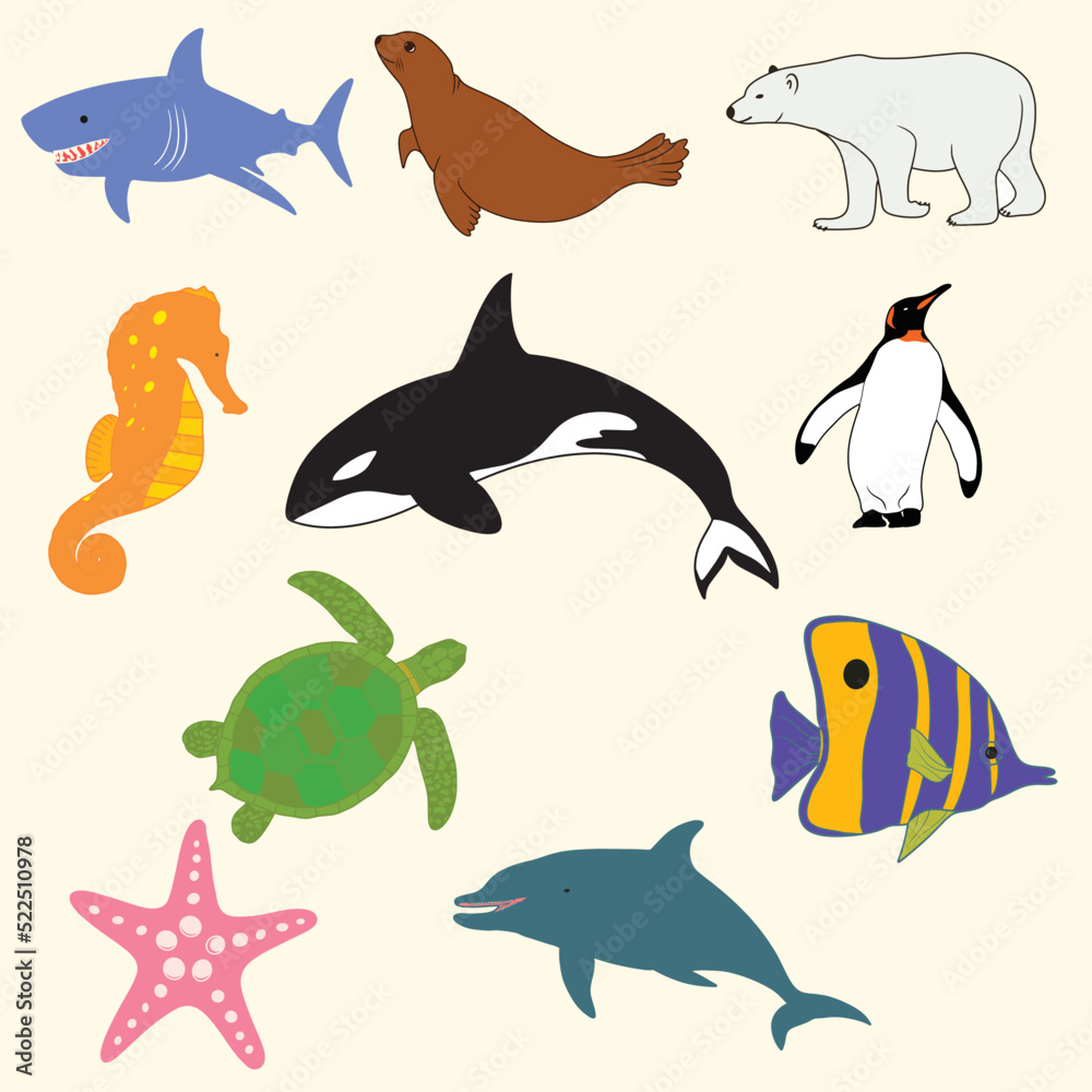 Collection of ten funny cartoon marine animals Clip art (Shark, orca ...