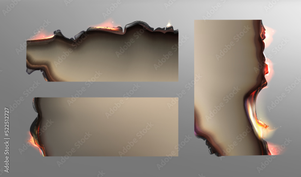 Burnt ripped sheets with scorched borders. Smoldering paper pages with ...