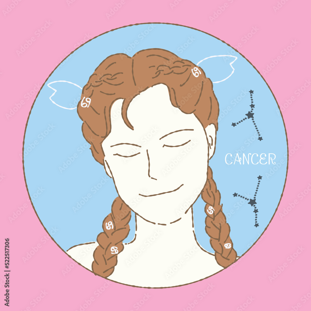 Hand drawn woman cartoon character with Cancer zodiac sign, word and ...