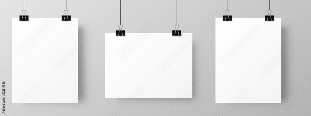 A4 paper page blank posters hanging on paperclip. Realistic concept ...