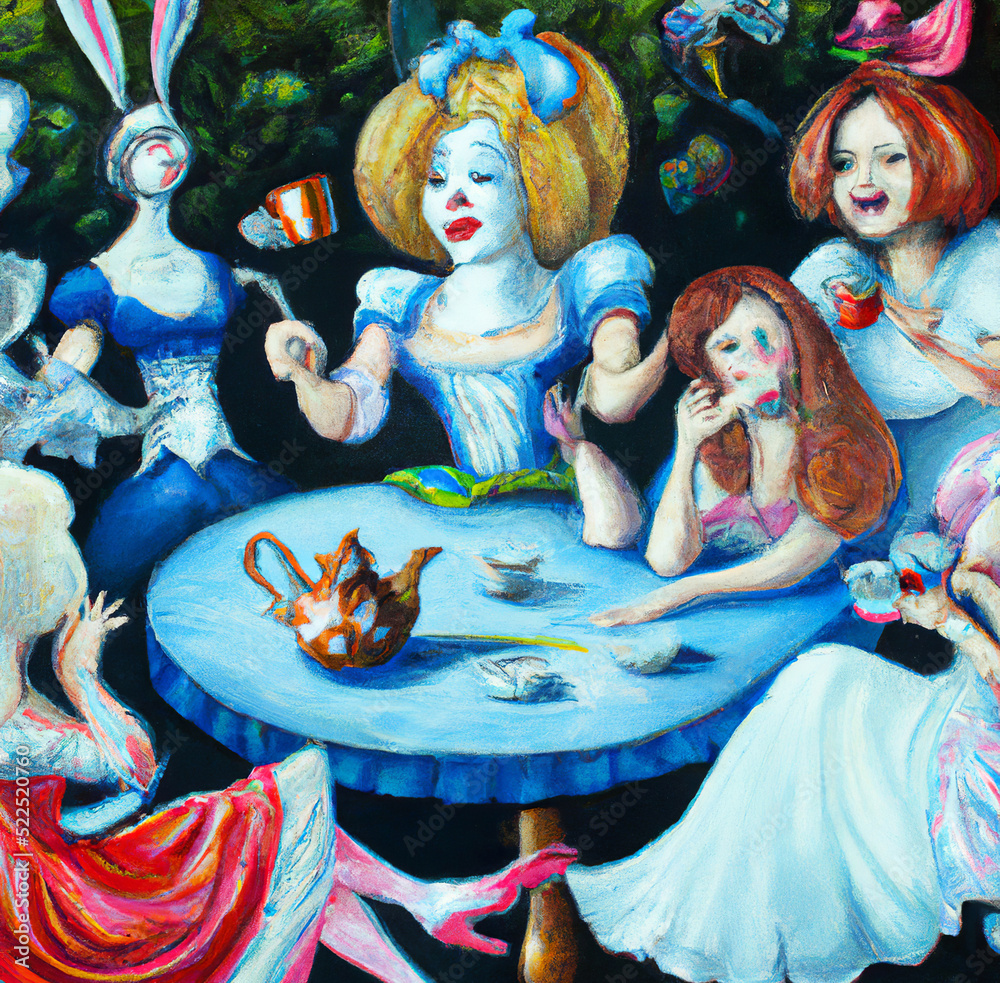 Alice in Wonderland motifs mad tea party. Lewis Carroll fairy tale with ...