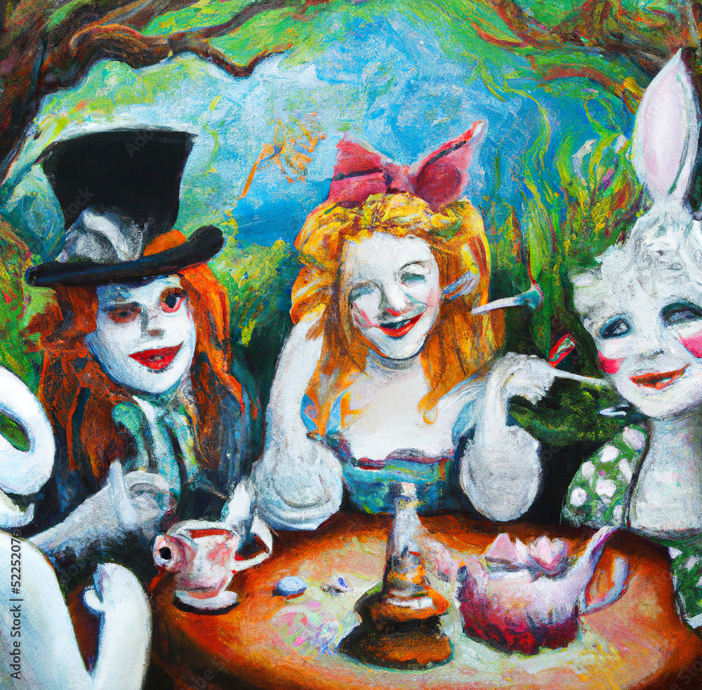 Alice in Wonderland motifs mad tea party. Lewis Carroll fairy tale with ...