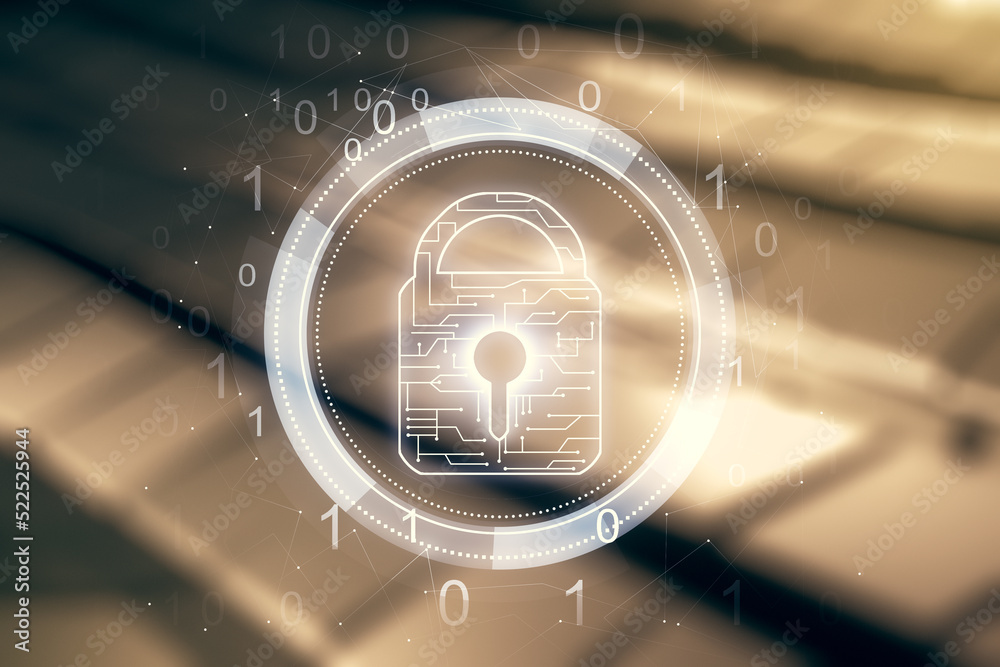 Virtual creative lock illustration with microcircuit on abstract metal ...