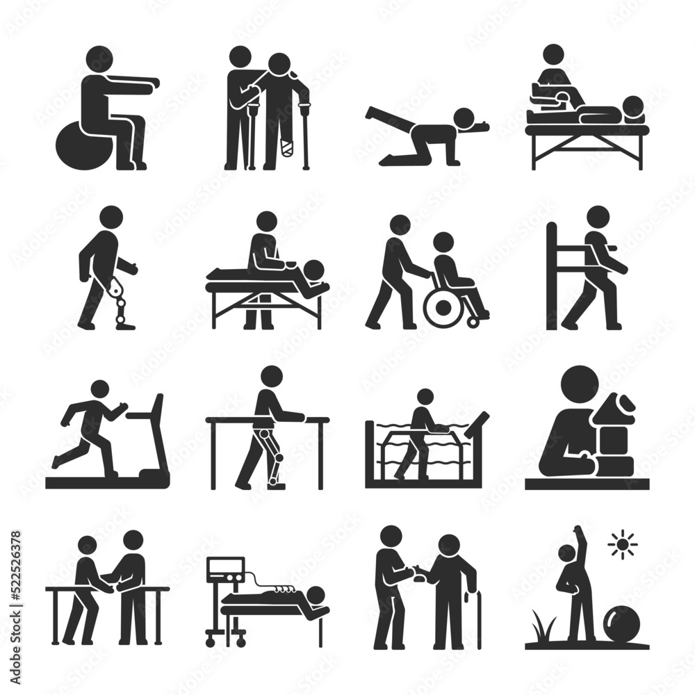 Rehabilitation, physiotherapy, people icons set. Restoring the body ...