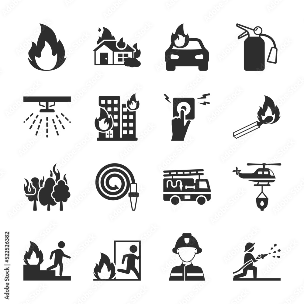 Fire icons set. Precautions and fire fighting. safety and Instructions ...