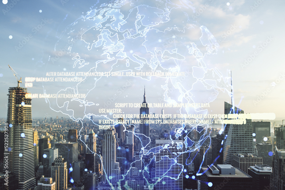 Abstract virtual coding concept and world map hologram on New York city ...
