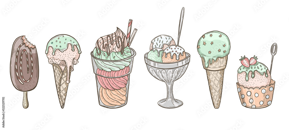 Hand drawn illustrations set of ice creams. Hand drawn sketch. Ice ...