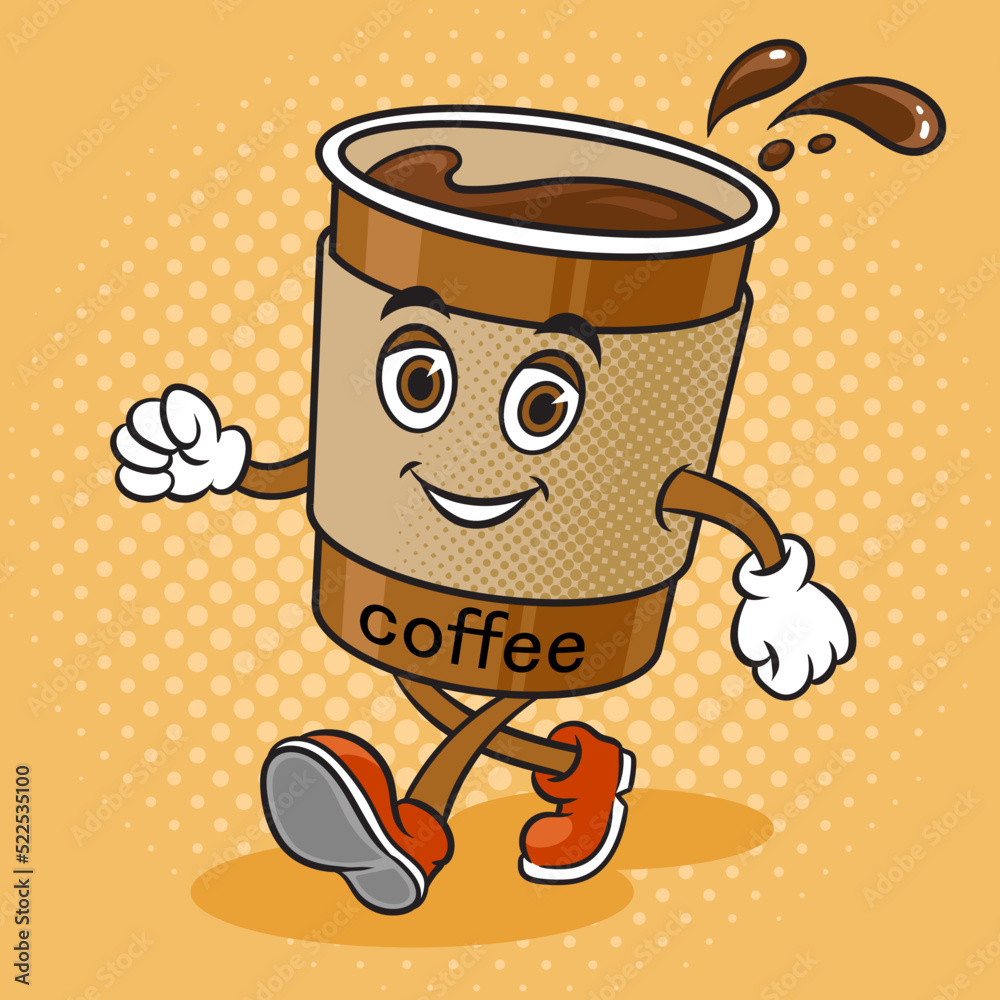 Cartoon walking coffee cup pop art retro vector illustration. Comic ...