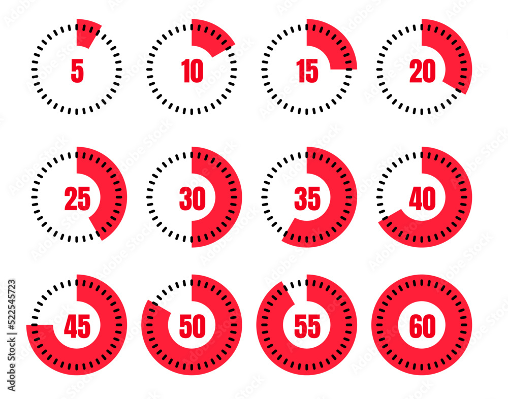 Clocks icon collection design. Countdown 5, 10, 15, 20, 25, 30, 35, 40 ... Clocks icon collection design. Countdown 5, 10, 15, 20, 25, 30, 35, 40 ...
