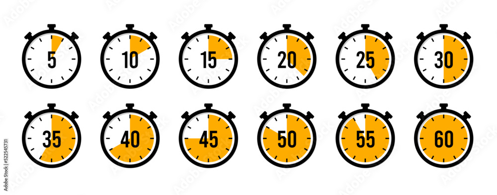 Clocks icon collection design. Countdown 5, 10, 15, 20, 25, 30, 35, 40 ...